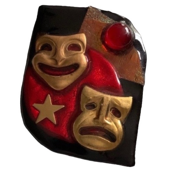 unmarked | Jewelry | Vintage Comedy Tragedy Theatre Mask Drama Red Gold ...